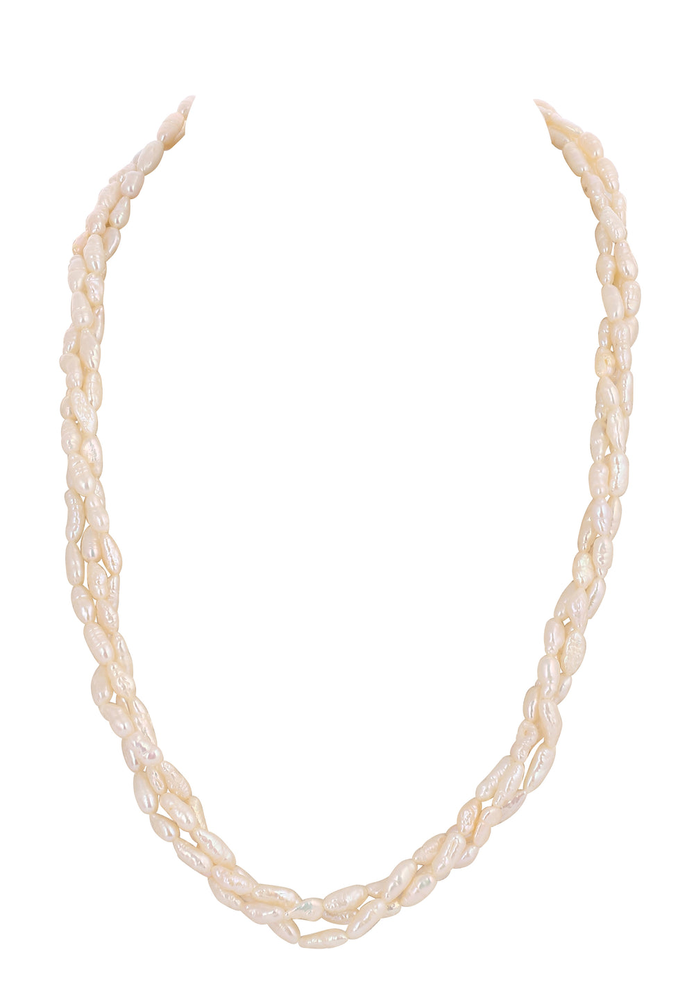 Real Natural Fresh Water 3 Lines Twisted Plain Pearl Mala Set With Cer ...